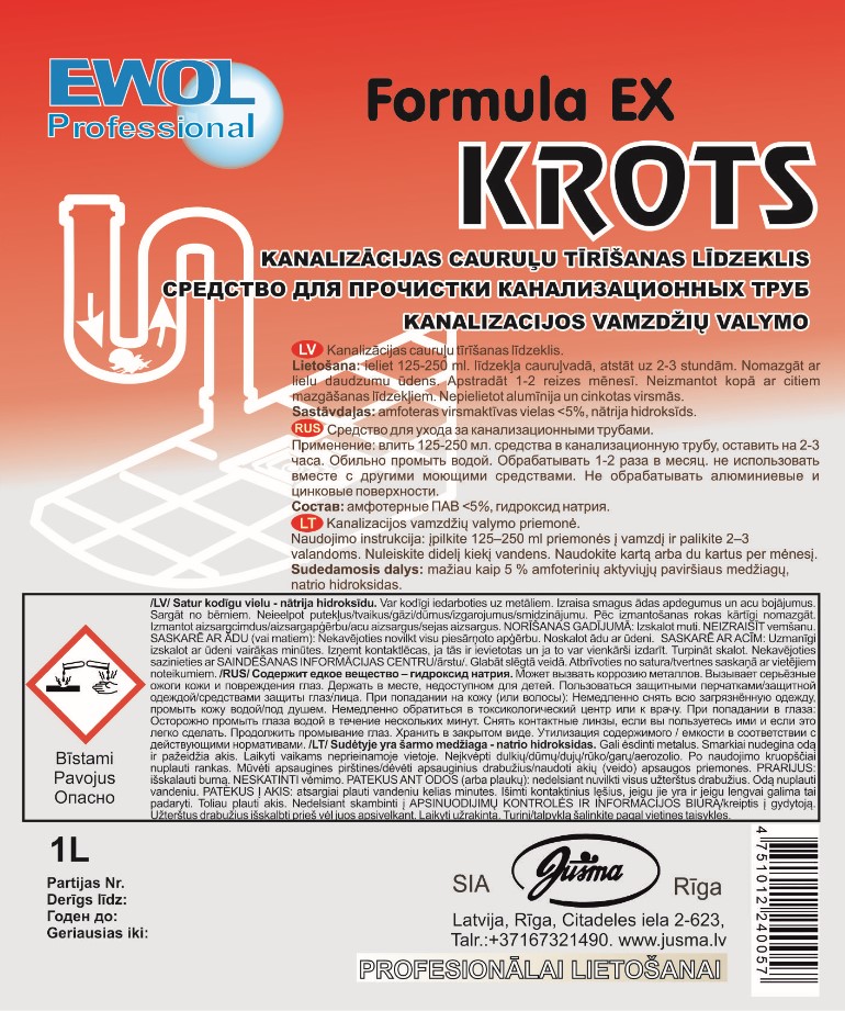 Kanalizācijas cauruļu tīrīšanas līdzeklis EWOL Professional Formula EX ...